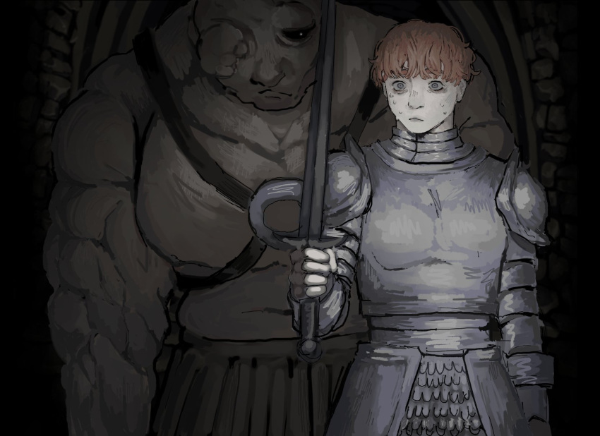 Safebooru - 1boy 1girl armor behind another brown gloves brown skirt ...