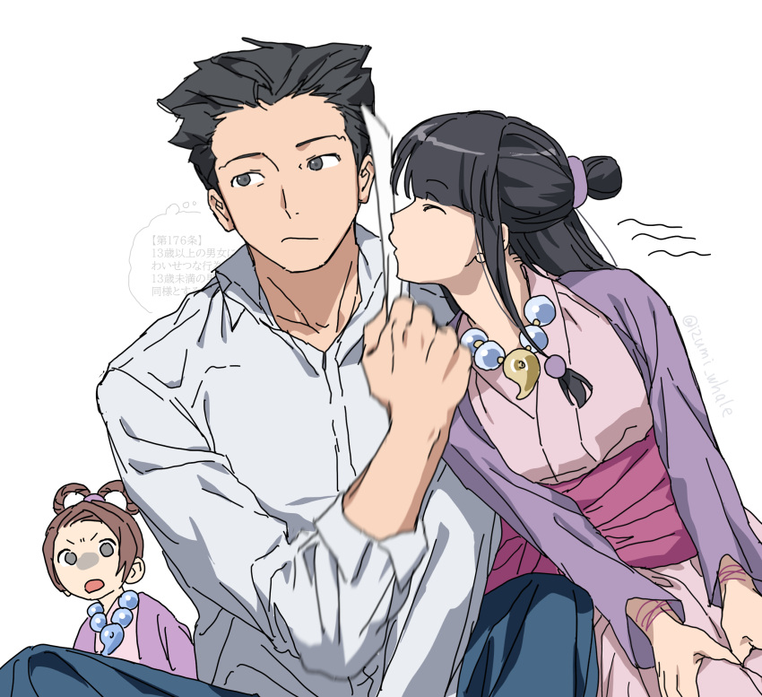 Safebooru - 1boy 2girls ace attorney black eyes black hair blue pants blunt bangs child closed ...