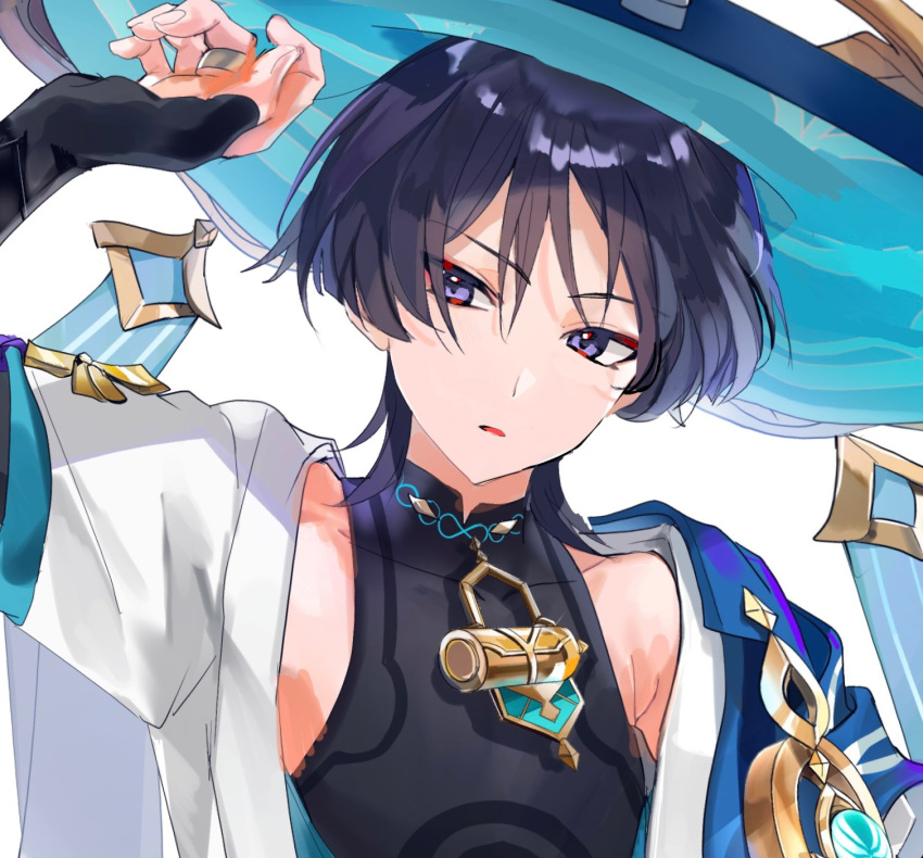 Safebooru - 1boy anemo symbol (genshin impact) aqua gemstone aqua kimono aqua sleeves arm up ...