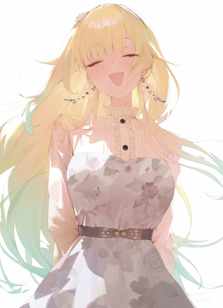 Safebooru - 1girl aizawa ema aqua hair blonde hair closed eyes dress earrings gradient hair ...