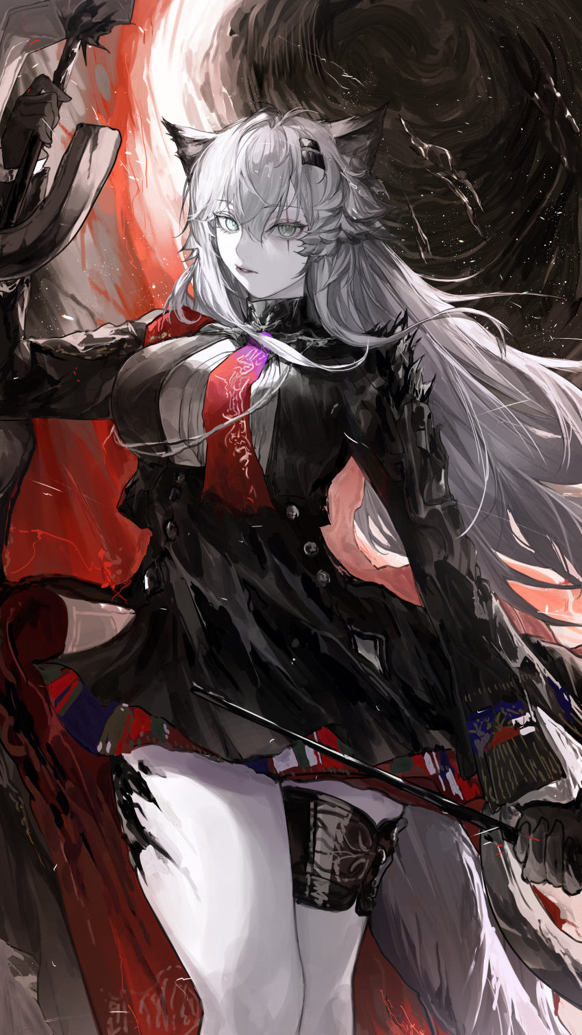 Safebooru - 1girl absurdres animal ears arknights armband ascot black skirt grey eyes grey hair ...