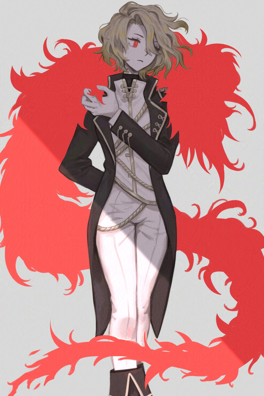 Safebooru - 1girl absurdres arm behind back black coat black footwear blonde hair boots closed ...