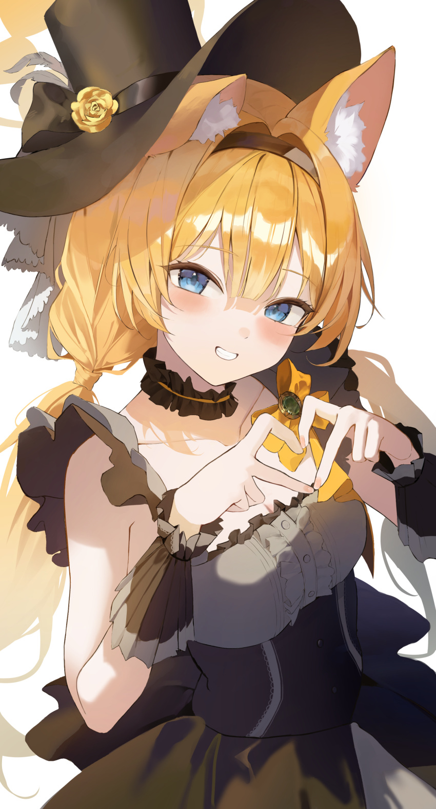 Safebooru - 1girl 4-finger heart hands absurdres animal ear fluff animal ears black hat black ...