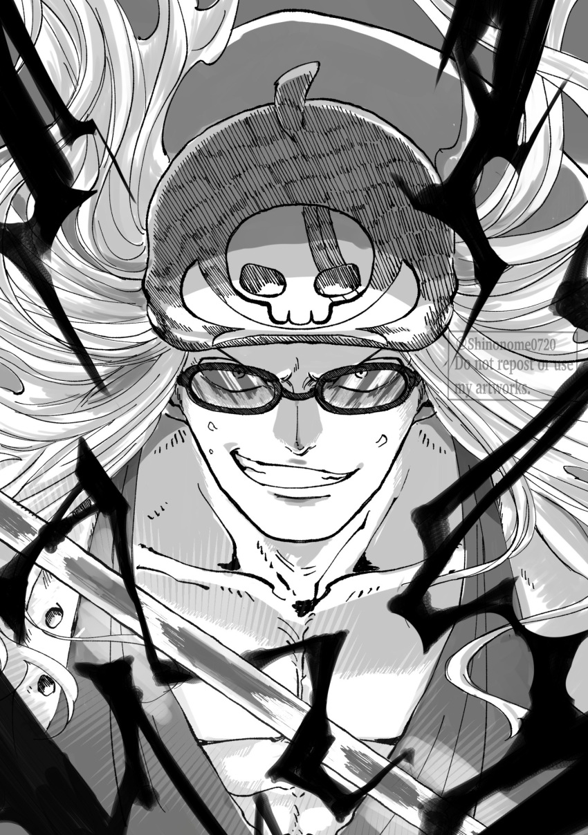 Safebooru - 1boy close-up commentary floating hair glasses greyscale ...