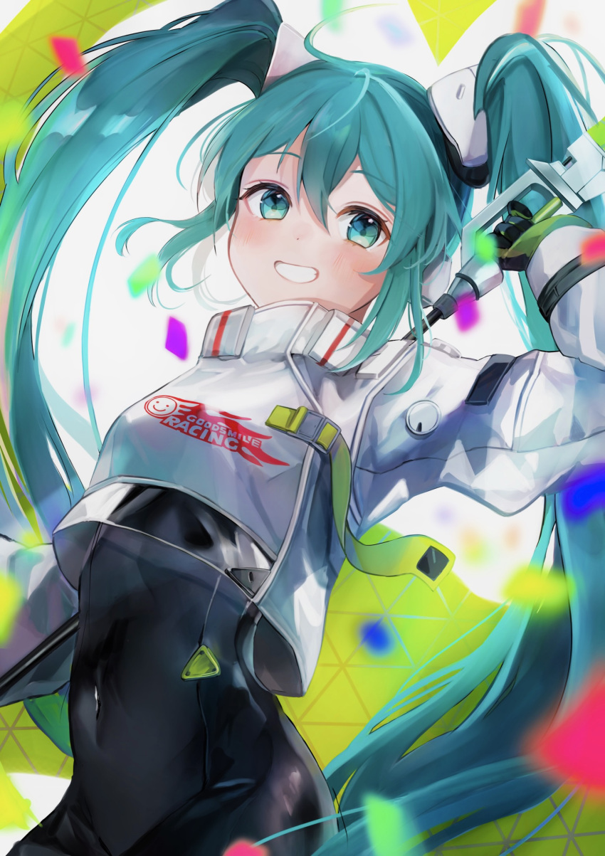 Safebooru - 1girl aqua eyes aqua hair black bodysuit black gloves bodysuit confetti cowboy shot ...