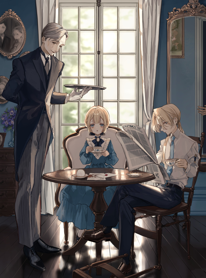 Safebooru - 1girl 2boys absurdres blonde hair blue dress blue eyes bow braid butler crossed legs ...