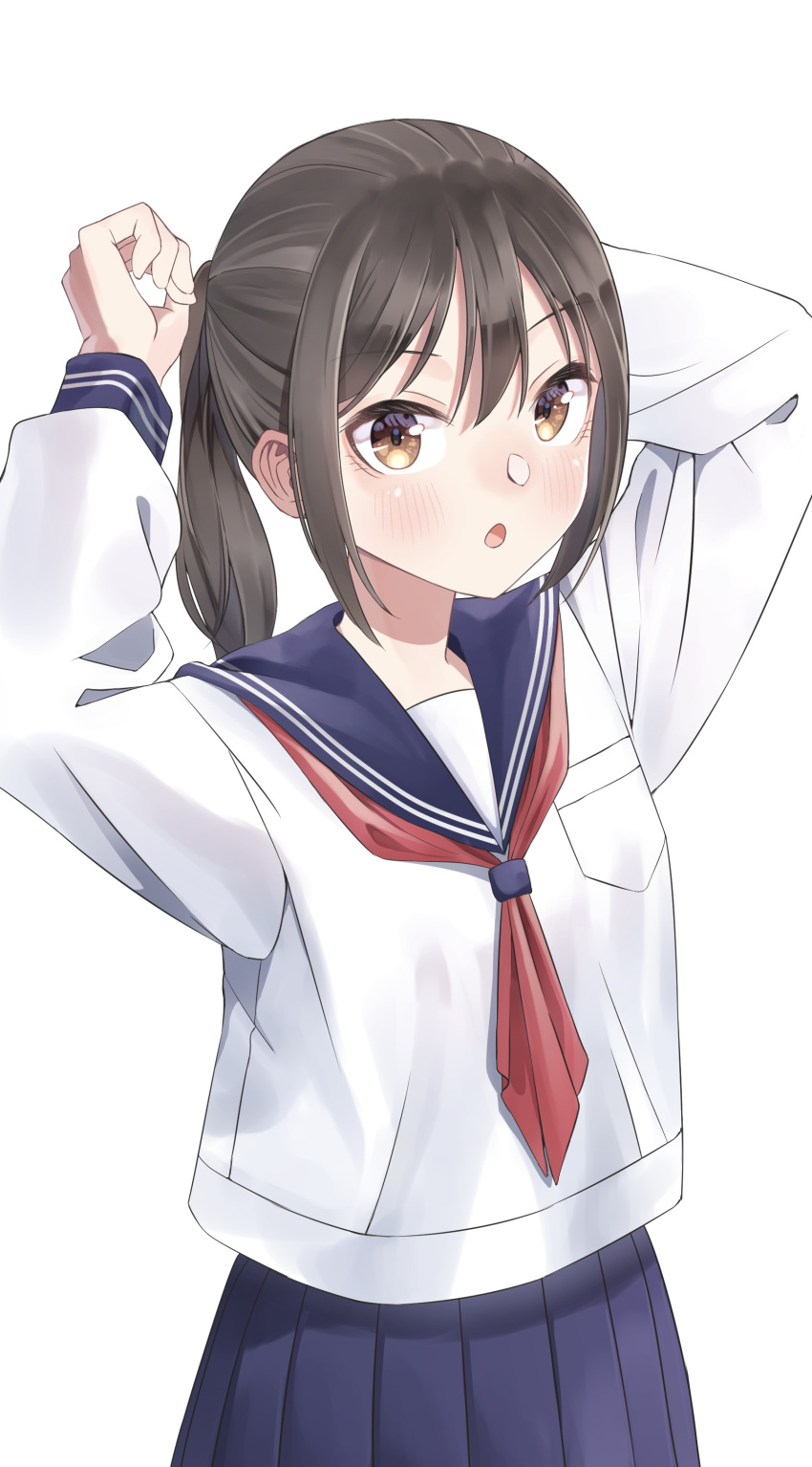 Safebooru - 12 graka 1girl :o absurdres adjusting hair arms up black hair blue skirt blush brown ...
