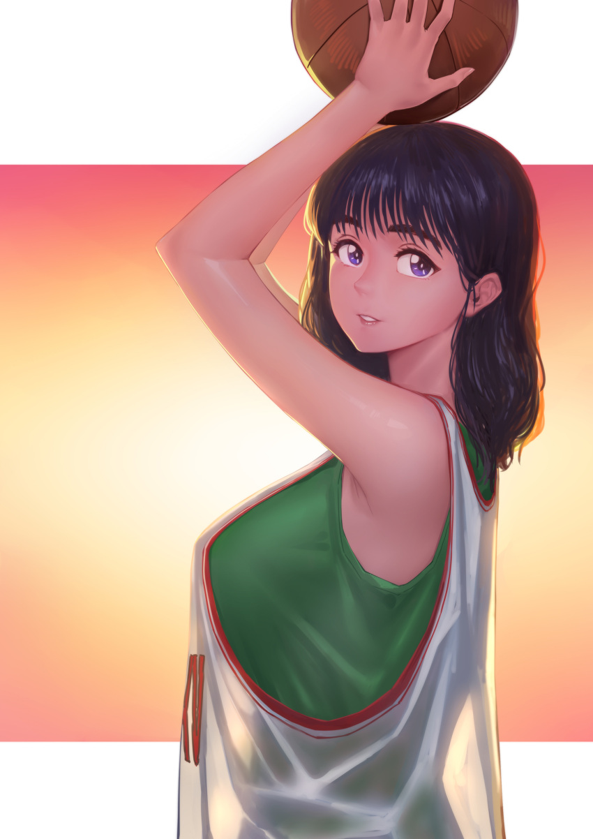Safebooru - 1girl akagi haruko armpits ball basketball (object) basketball jersey black hair ...
