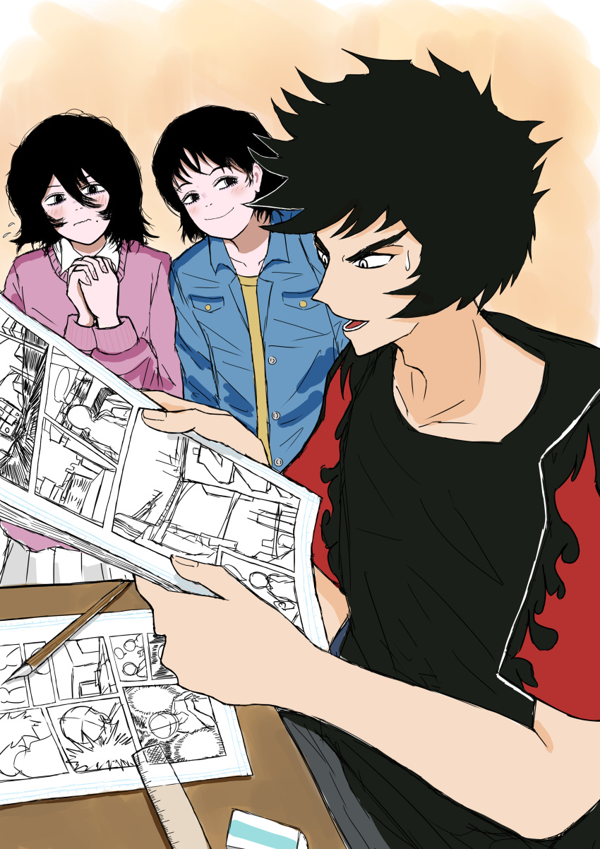 Safebooru - 1boy 2girls absurdres aoi honoo black hair black shirt blue ...