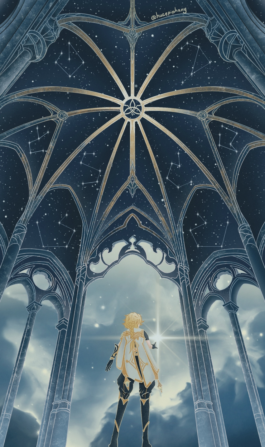 Safebooru - 1boy aether (genshin impact) arch architecture arm armor black gloves black pants ...