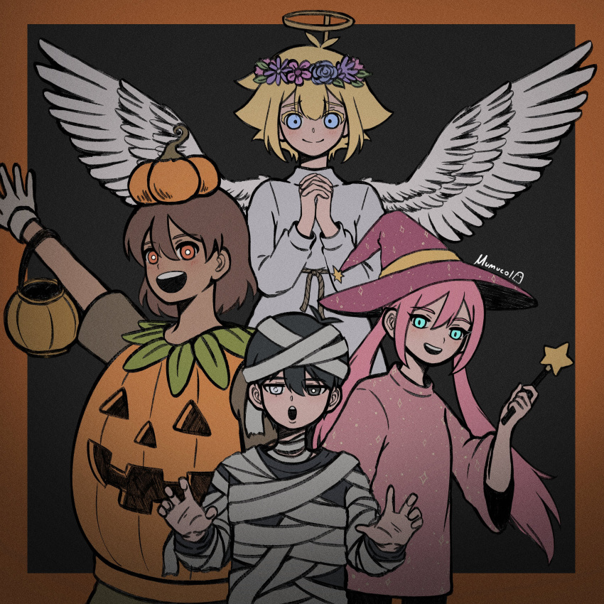 Safebooru - 1girl 3boys absurdres alternate hairstyle angel wings ...