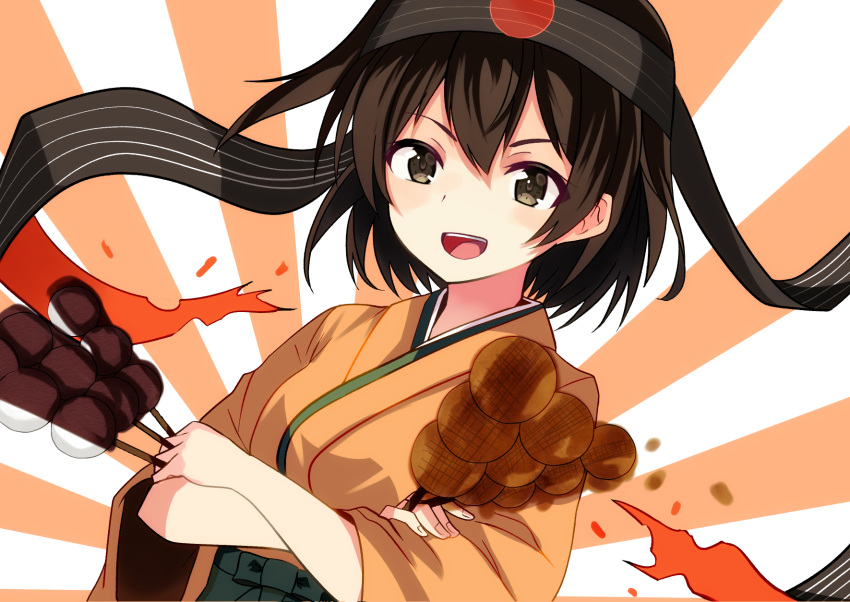 Safebooru - 1girl :d brown eyes brown hair crossed arms dango dutch angle food hachimaki hair ...