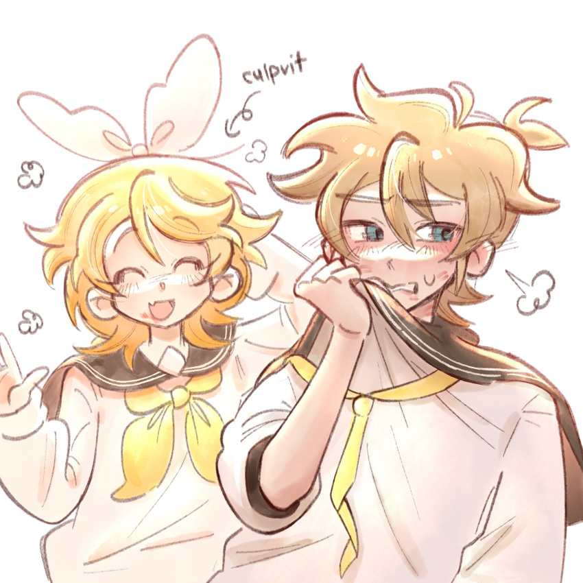 Safebooru - 1boy 1girl blonde hair blue eyes bob cut fang hair ribbon highres kagamine len ...