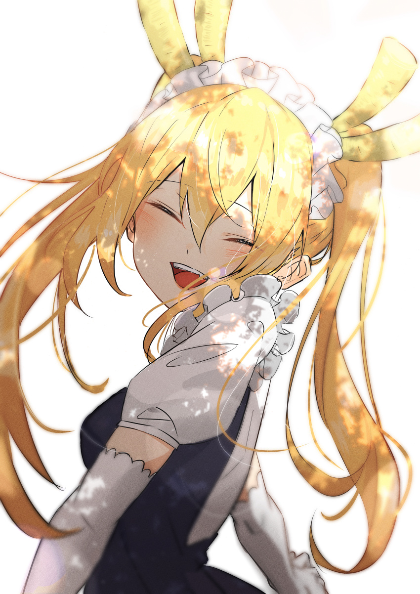 Safebooru - 1girl absurdres blonde hair blue dress blush dragon girl dragon horns dress highres ...