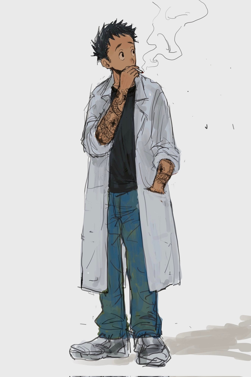 Safebooru - 1boy arm tattoo black hair black shirt blue pants cigarette coat dorohedoro full ...
