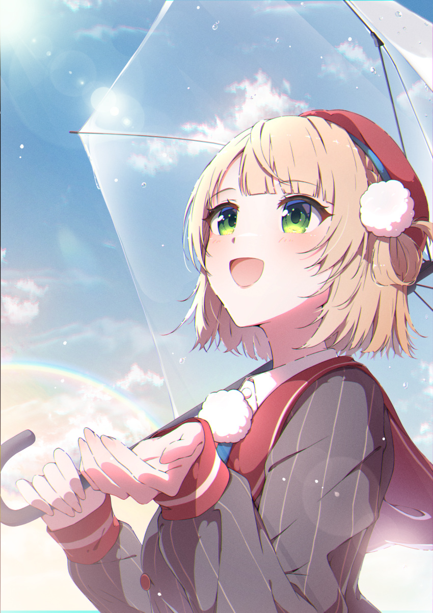 Safebooru - 1girl beret blonde hair blue sky blush clouds commentary request day green eyes hat ...