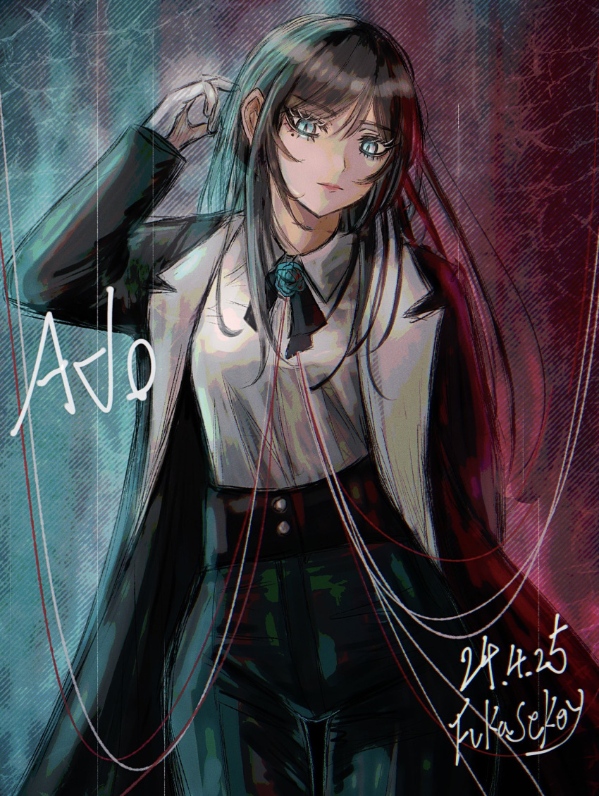 Safebooru - 1girl ado (utaite) black coat black hair black pants blue ...