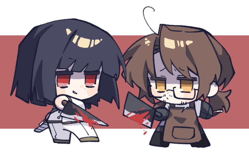 Safebooru - 1boy 1girl ahoge apron black gloves black hair blood bob ...