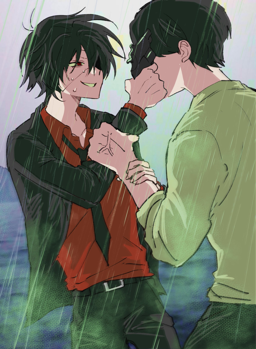 Safebooru - 2boys belt black belt black hair black jacket black necktie ...