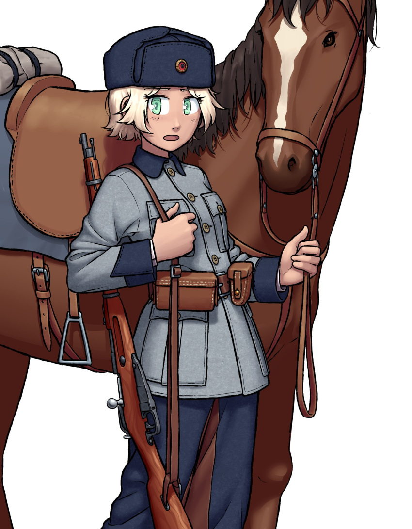 Safebooru - ammunition pouch belt black boots blonde hair blue collar blue hat blue pants blue ...