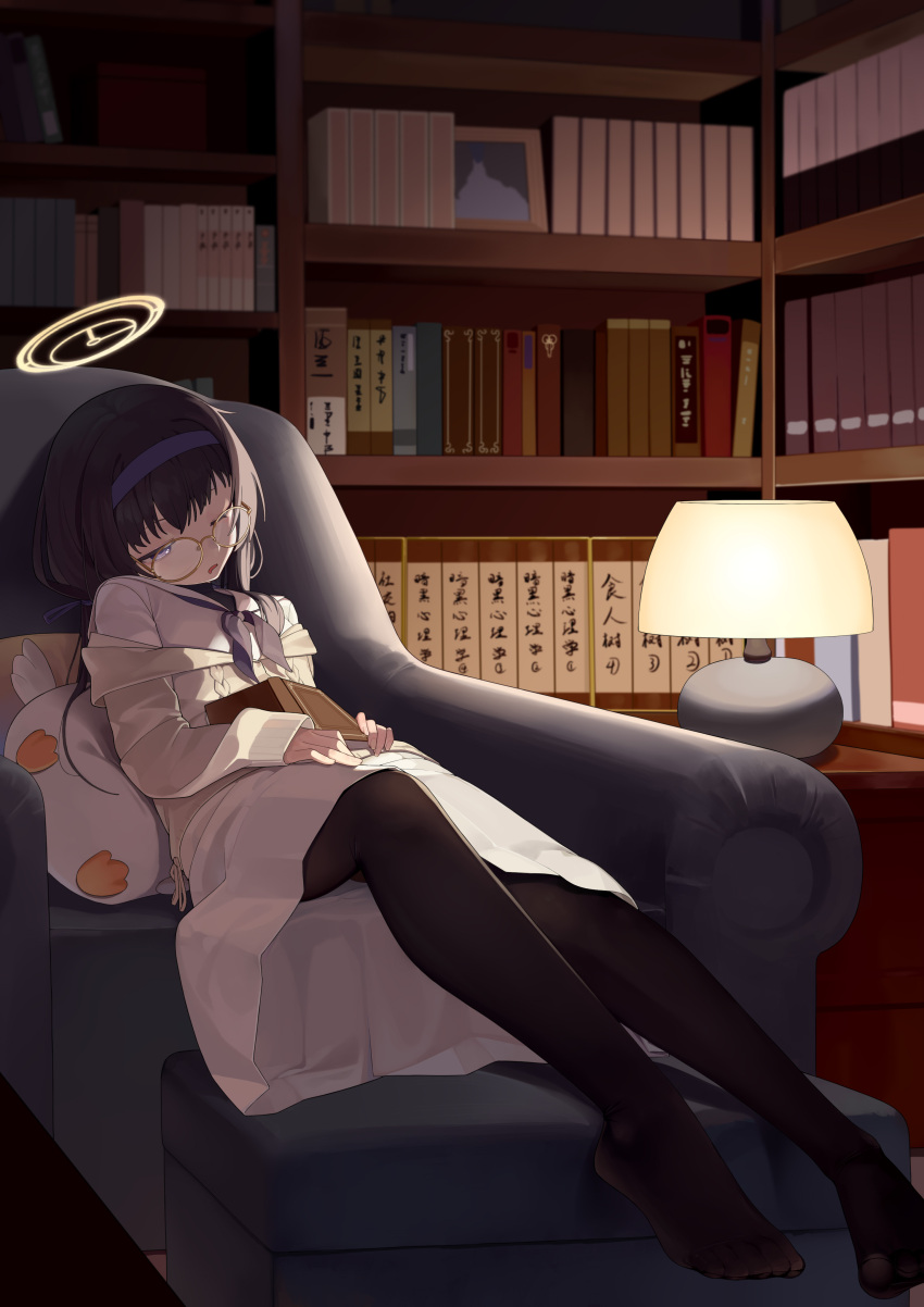 Safebooru - 1girl absurdres armchair black hair blue archive blue hairband book book on lap ...