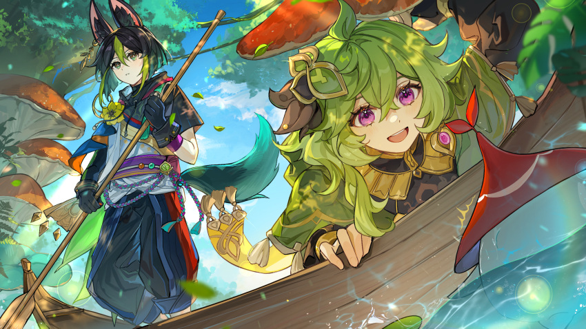 Safebooru - 1boy 1girl :d ahoge animal ear fluff animal ears aranara (genshin impact) arm up ...