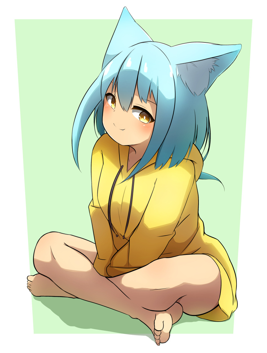 Safebooru - 1girl absurdres animal ear fluff animal ears bare legs barefoot blue hair brown eyes ...