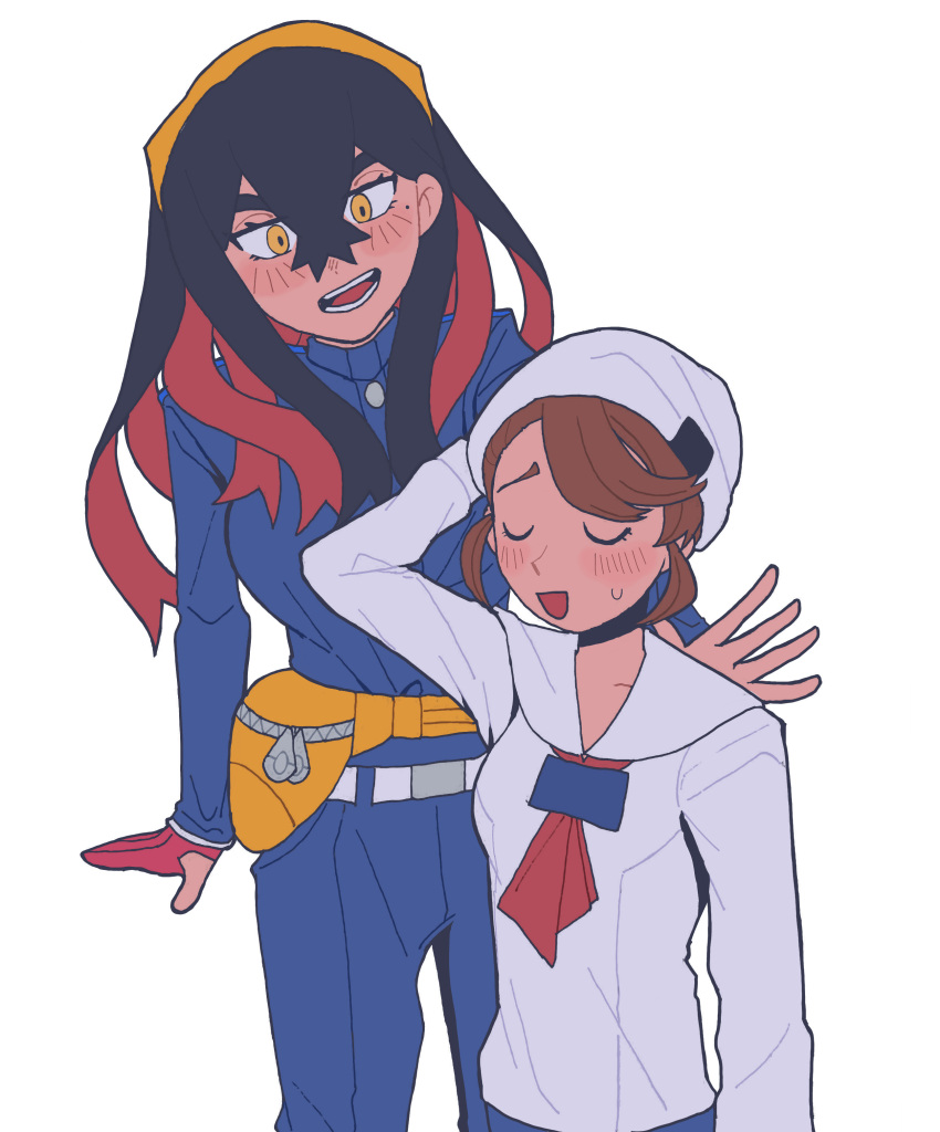 Safebooru - 2girls :d absurdres belt belt buckle black hair blue jacket blue pants blush brown ...