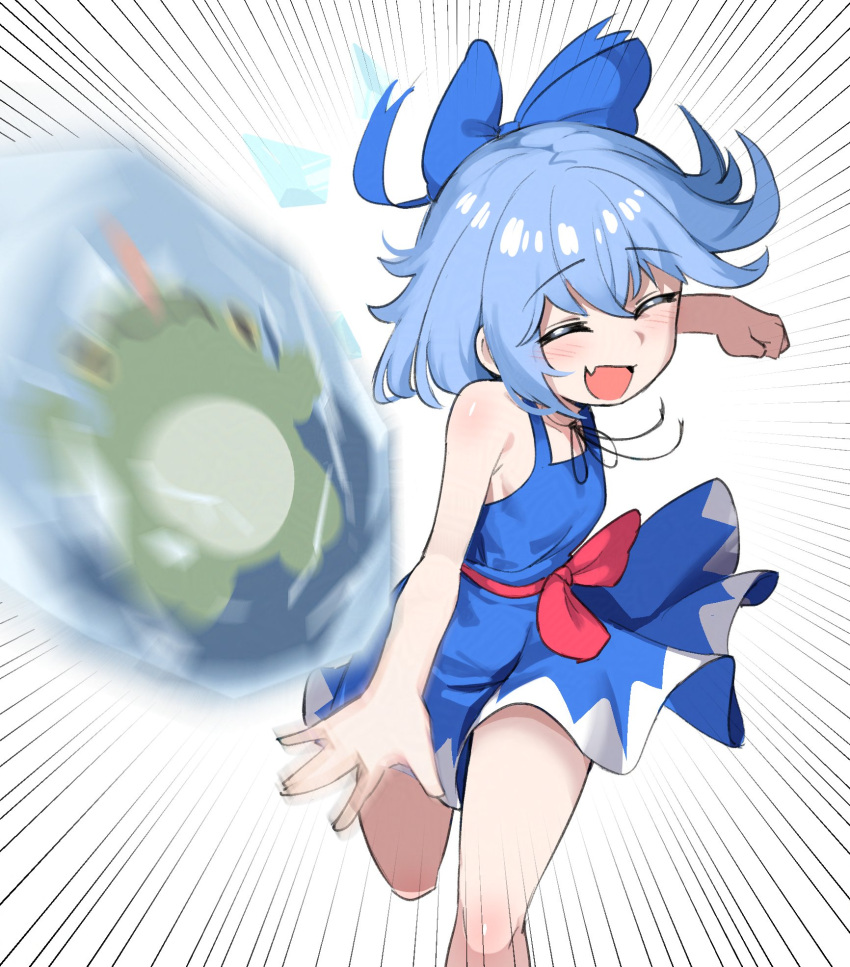 Safebooru - 1girl :d bare shoulders blue bow blue dress blue hair bow cirno cirno day closed ...