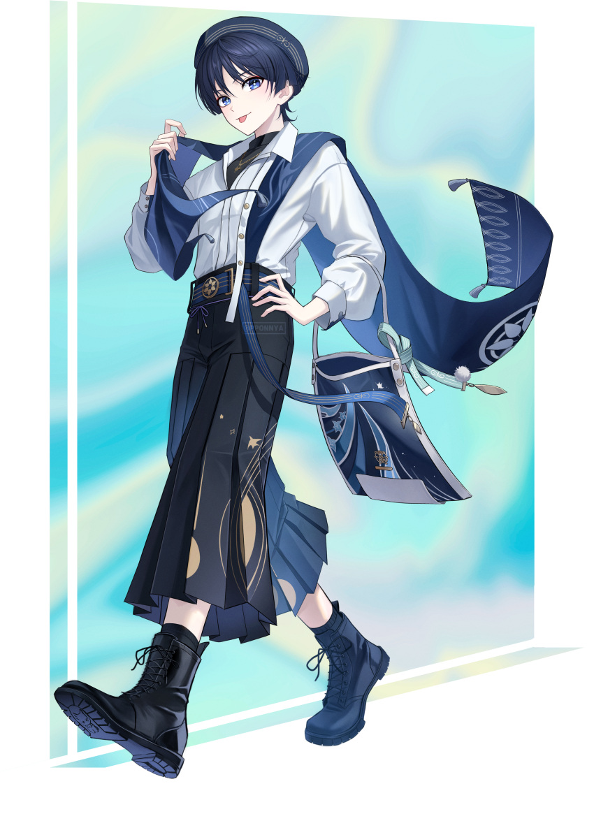 Safebooru - 1boy :p absurdres alternate costume belt black boots black hat black pants blue eyes ...