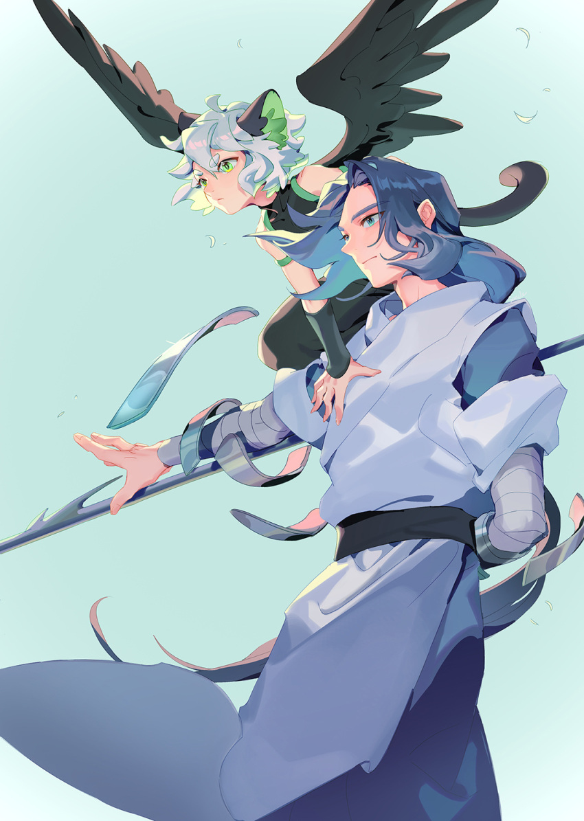 Safebooru - 2boys animal ears arm behind back black shirt black wings blue eyes cat ears cat ...