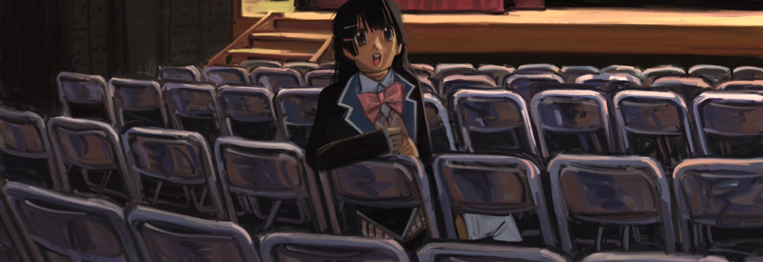 Safebooru - 1other animegao auditorium black hair black jacket bow ...