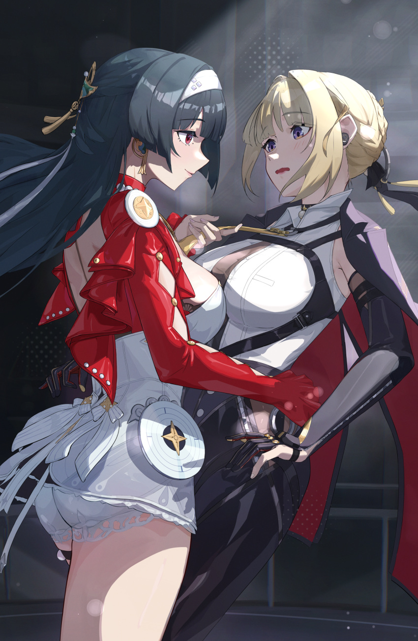 Safebooru - 2girls absurdres arm strap astra yao black coat black hair black pants blonde hair ...