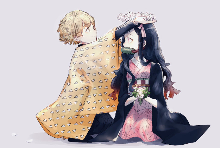 Safebooru - 1boy 1girl agatsuma zenitsu arms up bamboo bit gag black ...