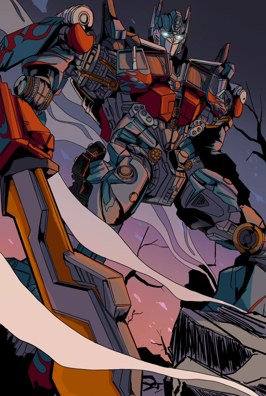 Safebooru - autobot bare tree blue eyes from below glowing glowing eyes highres holding holding ...