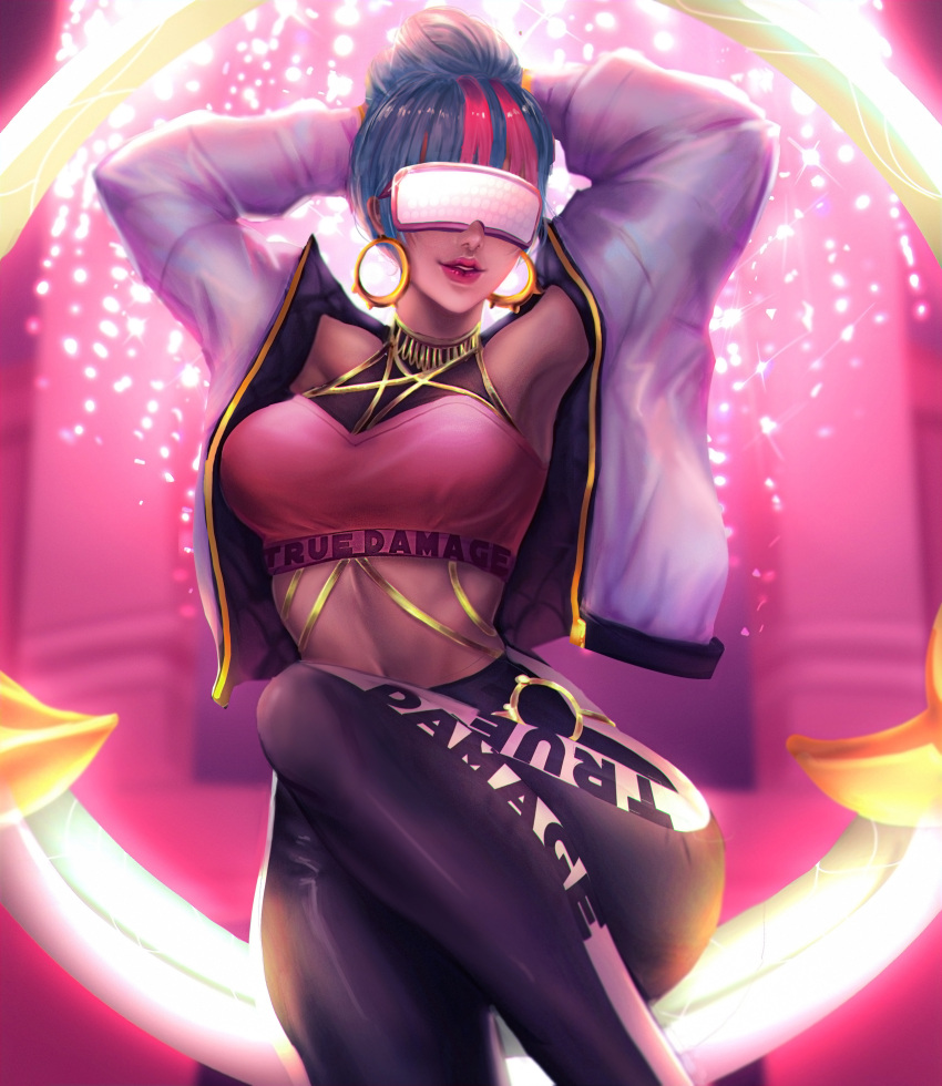 Safebooru - 1girl absurdres armpits arms behind head arms up backlighting bangs blue hair blunt ...