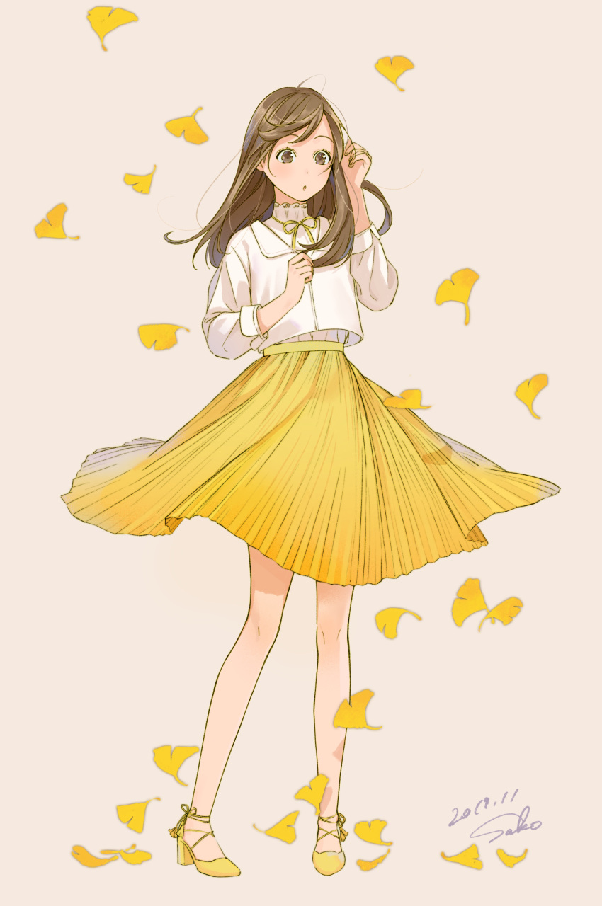 Safebooru - 1girl :o absurdres autumn leaves bare legs brown eyes brown hair dated falling ...