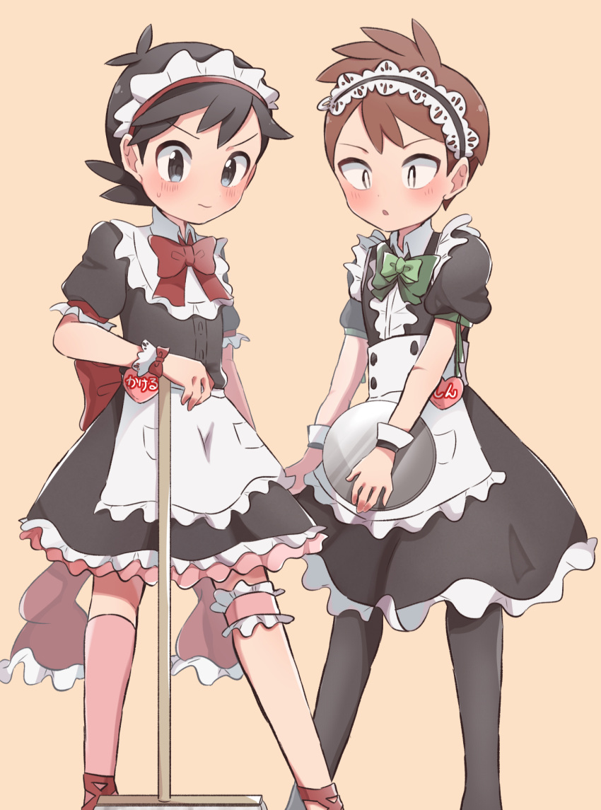 Safebooru - 2boys alternate costume apron black dress black eyes black hair blush brown eyes ...