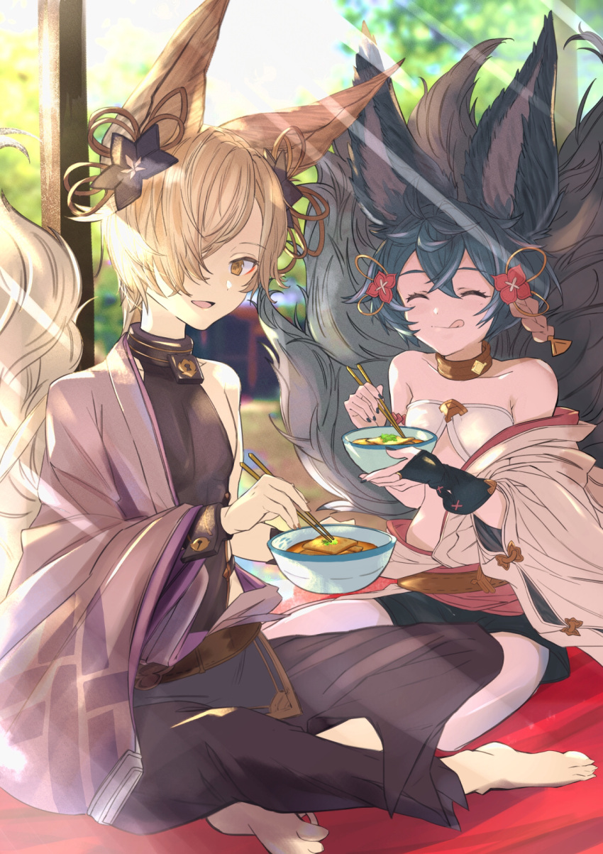 Safebooru - 1boy 1girl animal ears backless outfit blonde hair blue hair blush chopsticks closed ...