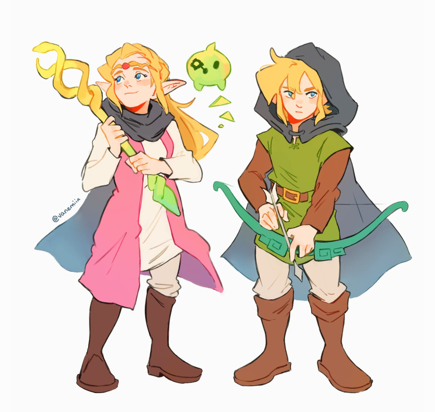 Safebooru - 1boy 1girl arrow (projectile) black cloak blonde hair blue ...