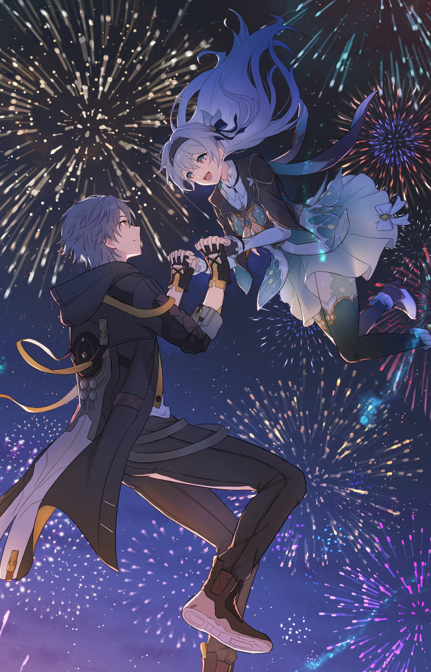Safebooru - 1boy 1girl absurdres aerial fireworks black boots black bow black coat black gloves ...