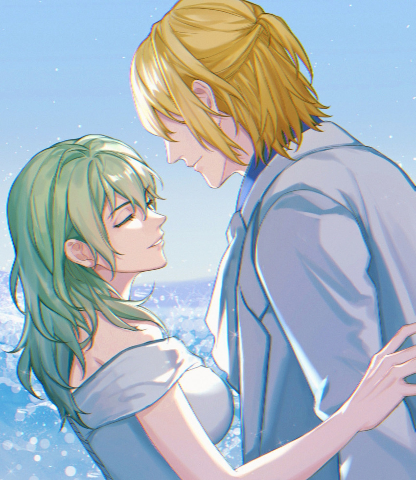 Safebooru - 1boy 1girl ascot blonde hair blue sky breasts closed mouth ...