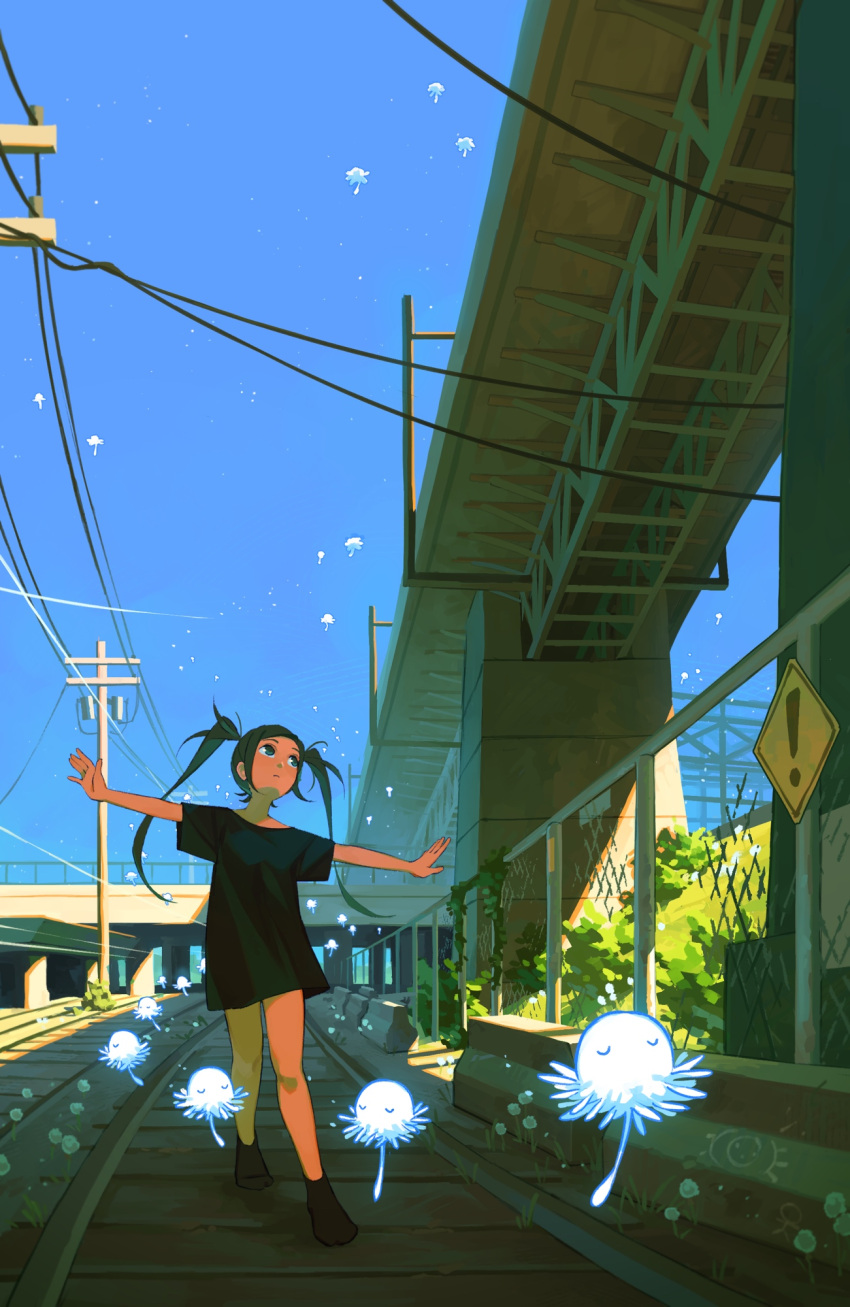 Safebooru - 1girl black shirt blue eyes blue sky bridge chain-link ...