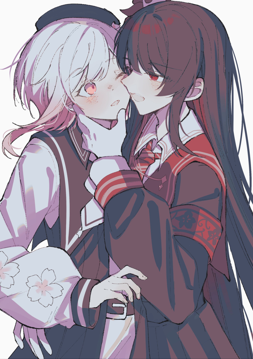 Safebooru - 2girls absurdres beret black hair black hat flower grabbing another's chin hair ...