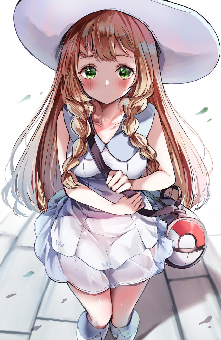 Safebooru - 1girl bag blonde hair braid closed mouth dress duffel bag green eyes hat highres ...