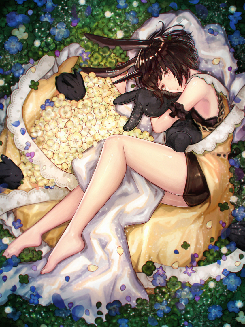 Safebooru - 1girl animal ears blush brown hair bunny tail field flower flower field hamaru log ...