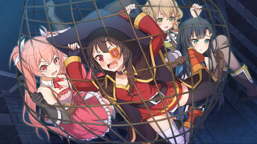 Safebooru - 4girls bandages black hair blonde hair blush cape cello (konosuba) dress erika ...