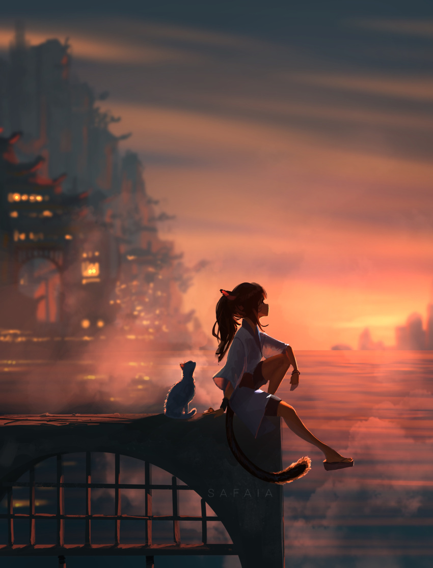 Safebooru - 1girl absurdres artist name bracelet cat evening final ...