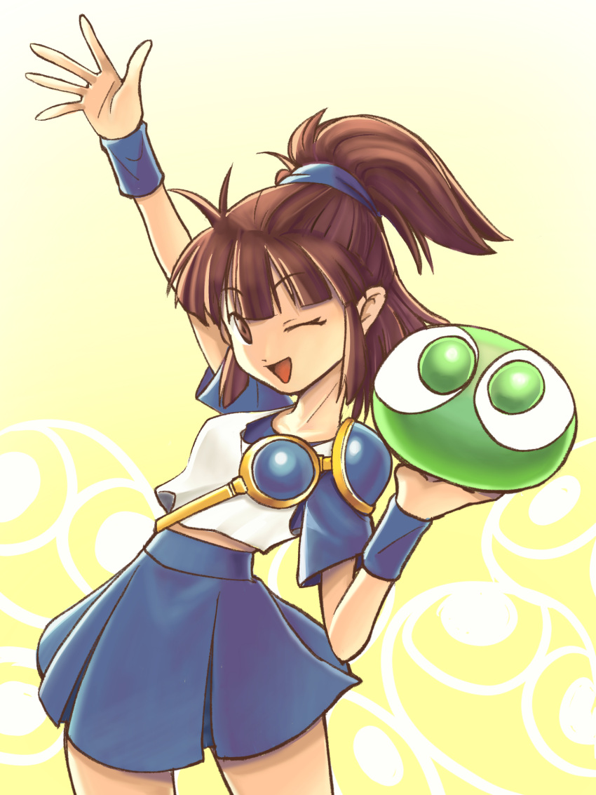 Safebooru - 1girl ;d ahoge arle nadja arm up bangs blue skirt brown eyes brown hair hairband ...