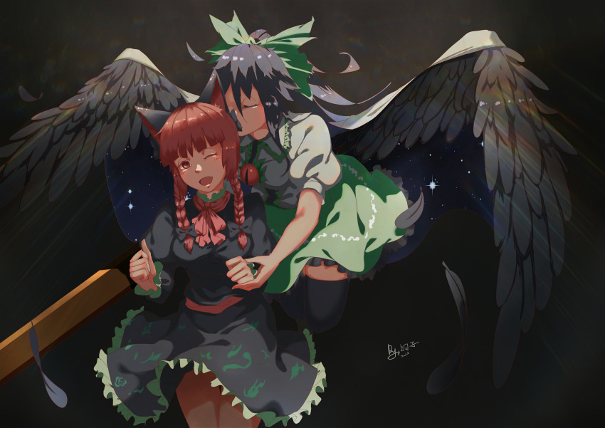 Safebooru - 2girls absurdres animal ears arm cannon bangs behind another bird wings black bow ...